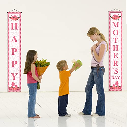 Vohado Happy Mother's Day Porch Banner Mothers Day Welcome Porch Sign Pink Heart Wall Hanging Banner Spring Gathering Party Porch Sign Front Door Holiday Party Decor