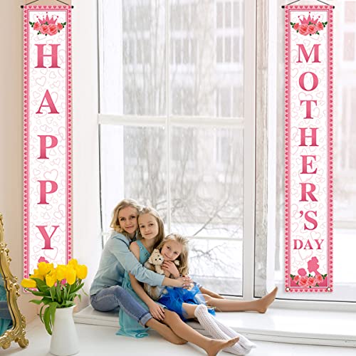 Vohado Happy Mother's Day Porch Banner Mothers Day Welcome Porch Sign Pink Heart Wall Hanging Banner Spring Gathering Party Porch Sign Front Door Holiday Party Decor