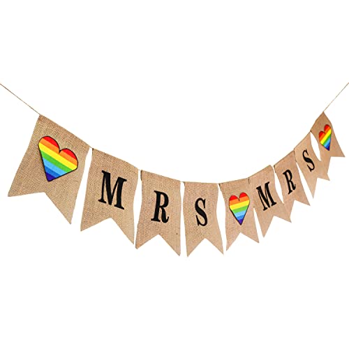 Mandala Crafts Burlap Mrs and Mrs Banner for Lesbian Wedding Decorations - Mrs & Mrs Sign for LGBT Wedding Decorations Lesbian Engagement Party Decorations