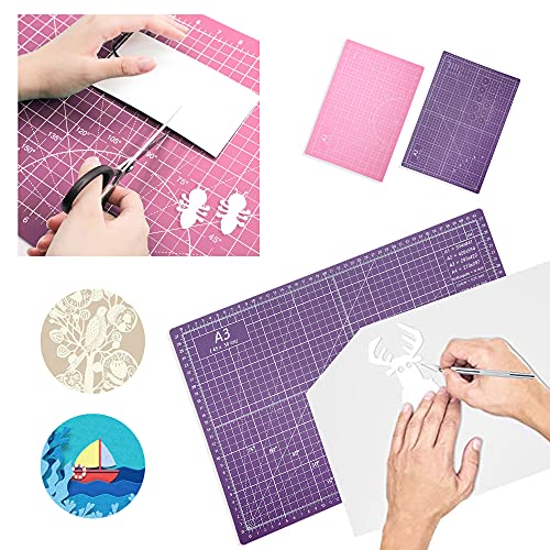 Self Healing Cutting Mat 18"x12" Non-Slip PVC Double Sided 5-Ply A3 Art Craft Rotating Mat, Rotary Cutting Mat for Quilting, Sewing Crafts Hobby Fabric Precision Scrapbooking Project(Pink/Purple)