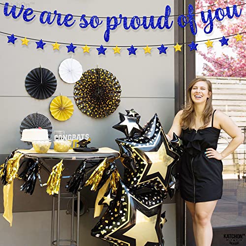 Glitter, We Are So Proud of You Banner - 10 Feet, No DIY | We Are So Proud of You Graduation Banner with Star Garland | Blue and Gold Graduation Decorations 2023 | Graduation Party Decorations 2023