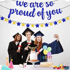 Glitter, We Are So Proud of You Banner - 10 Feet, No DIY | We Are So Proud of You Graduation Banner with Star Garland | Blue and Gold Graduation Decorations 2023 | Graduation Party Decorations 2023