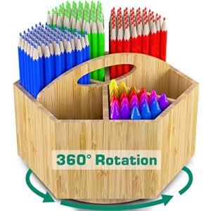 bamboo 360° colored pen pencil holder organizer – darfoo spinning art supply organizer for desk with 6 large compartment and easy-carry handle, desk organizer for office supplies, home and school