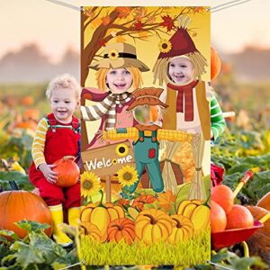 Thanksgiving Party Scarecrow Backdrop Decoration,Pumpkins Sunflower Photo Door Banner Cover Harvest Maple Fall Leaves for Autumn Thanksgiving Party Decor Favor Supplies