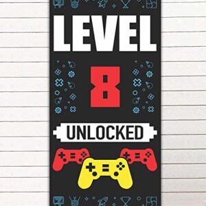 Level 8th Unlocked Happy 8th Birthday Level Up Banner Backdrop Background Photo Booth Props Video Games Gamepad Theme Decor for Boys Girls 8th Birthday Party Favors Supplies Decorations