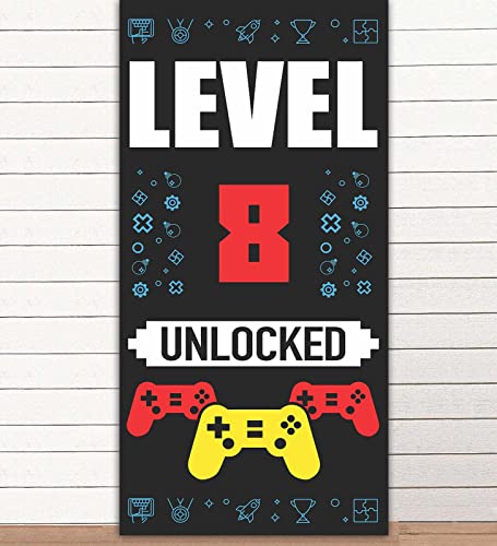 Level 8th Unlocked Happy 8th Birthday Level Up Banner Backdrop Background Photo Booth Props Video Games Gamepad Theme Decor for Boys Girls 8th Birthday Party Favors Supplies Decorations