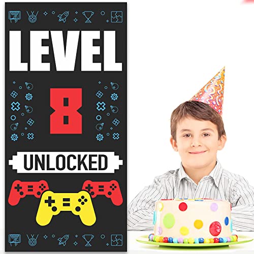 Level 8th Unlocked Happy 8th Birthday Level Up Banner Backdrop Background Photo Booth Props Video Games Gamepad Theme Decor for Boys Girls 8th Birthday Party Favors Supplies Decorations