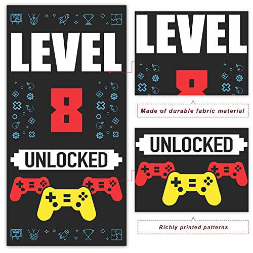 Level 8th Unlocked Happy 8th Birthday Level Up Banner Backdrop Background Photo Booth Props Video Games Gamepad Theme Decor for Boys Girls 8th Birthday Party Favors Supplies Decorations