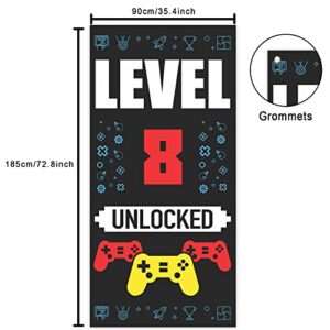 Level 8th Unlocked Happy 8th Birthday Level Up Banner Backdrop Background Photo Booth Props Video Games Gamepad Theme Decor for Boys Girls 8th Birthday Party Favors Supplies Decorations