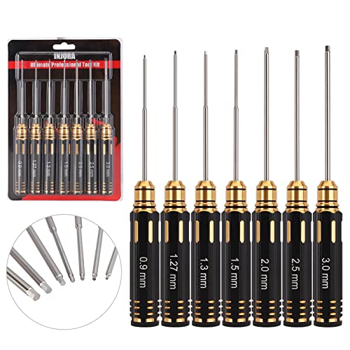 INJORA RC Hex Screw Driver Set-7PCS RC Car Tool Kit 0.9, 1.27, 1.3, 1.5, 2.0, 2.5, 3.0mm Hexagon Allen Screwdriver Wrenches Sets, RC Repair Tool Kit for RC Model Helicopter Drone Boat Car