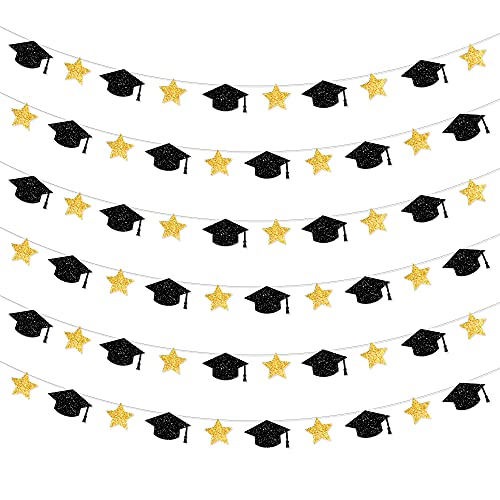 Big, Graduation Cap Garland Glitter - 10 Feet, No DIY | Black and Gold Graduation Party Decorations 2023 | Black Graduation Cap Decorations for Class of 2023 Decorations | Graduation Garland 2023