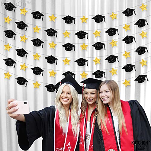 Big, Graduation Cap Garland Glitter - 10 Feet, No DIY | Black and Gold Graduation Party Decorations 2023 | Black Graduation Cap Decorations for Class of 2023 Decorations | Graduation Garland 2023