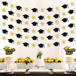 Big, Graduation Cap Garland Glitter - 10 Feet, No DIY | Black and Gold Graduation Party Decorations 2023 | Black Graduation Cap Decorations for Class of 2023 Decorations | Graduation Garland 2023