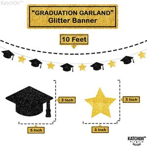 Big, Graduation Cap Garland Glitter - 10 Feet, No DIY | Black and Gold Graduation Party Decorations 2023 | Black Graduation Cap Decorations for Class of 2023 Decorations | Graduation Garland 2023