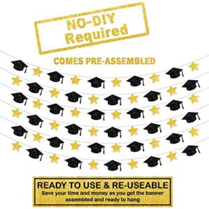 Big, Graduation Cap Garland Glitter - 10 Feet, No DIY | Black and Gold Graduation Party Decorations 2023 | Black Graduation Cap Decorations for Class of 2023 Decorations | Graduation Garland 2023