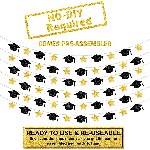 Big, Graduation Cap Garland Glitter - 10 Feet, No DIY | Black and Gold Graduation Party Decorations 2023 | Black Graduation Cap Decorations for Class of 2023 Decorations | Graduation Garland 2023