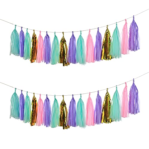 20 PCS Tissue Paper Tassels, Tassel Garland Banner for Wedding, Baby Shower and Party Decorations, DIY Kits (Metallic Gold，Light Purple，Pink，Green)