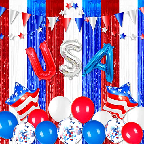 4th/Fourth of July Patriotic Decorations Set-Red White Blue Tinsel Foil Curtains,Star Garland Pennant Banner&Balloon, USA America Independence Day Decor Labor Day Party Supplies for Home,Outdoor