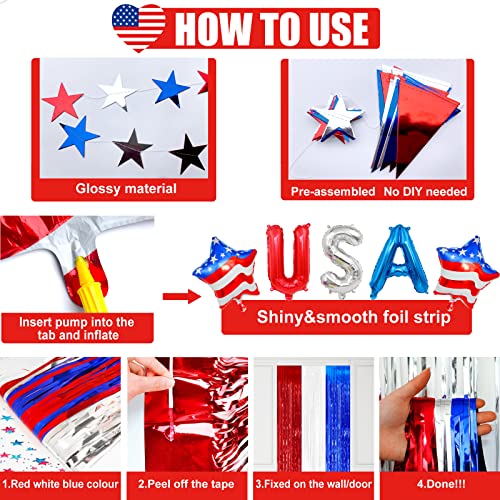 4th/Fourth of July Patriotic Decorations Set-Red White Blue Tinsel Foil Curtains,Star Garland Pennant Banner&Balloon, USA America Independence Day Decor Labor Day Party Supplies for Home,Outdoor