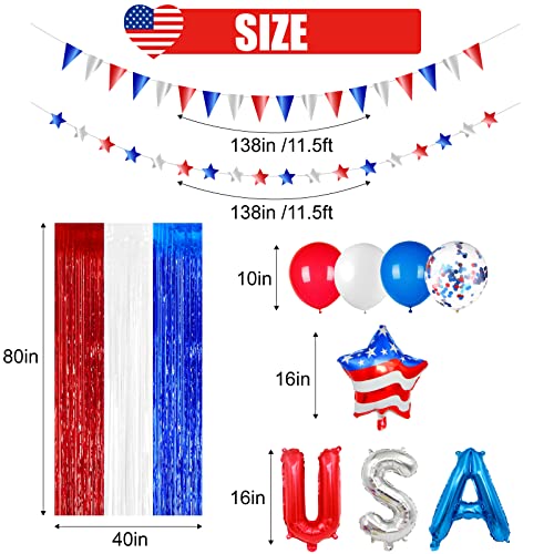 4th/Fourth of July Patriotic Decorations Set-Red White Blue Tinsel Foil Curtains,Star Garland Pennant Banner&Balloon, USA America Independence Day Decor Labor Day Party Supplies for Home,Outdoor