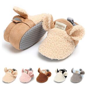 lafegen infant baby boys girls slipper stay on non slip soft sole newborn booties toddler first walker crib house shoes 0-18 months, 01 khaki, baby slipper 6-12 months infant