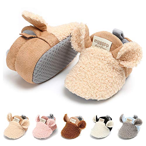 LAFEGEN Infant Baby Boys Girls Slipper Stay On Non Slip Soft Sole Newborn Booties Toddler First Walker Crib House Shoes 0-18 Months, 01 Khaki, Baby Slipper 6-12 Months Infant