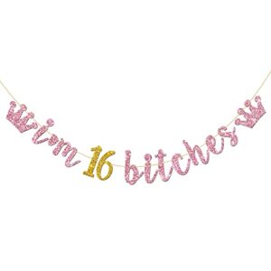 pink gold i’m 16 bitches banner, happy 16th birthday party decorations for girls, 16th wedding anniversary party supplies glitter sweet 16 banner