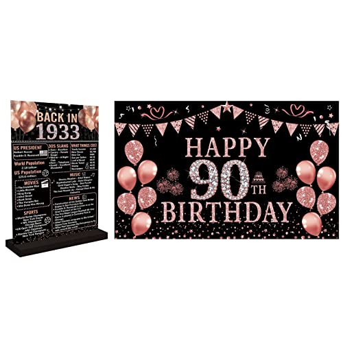 Trgowaul 90th Birthday Decorations Set: Includes Rose Gold Birthday Backdrop Banner 5.9 X 3.6 Fts, Rose Gold Back in 1933 Birthday Poster Acrylic Table Sign with Stand