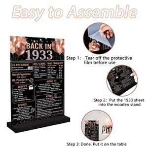 Trgowaul 90th Birthday Decorations Set: Includes Rose Gold Birthday Backdrop Banner 5.9 X 3.6 Fts, Rose Gold Back in 1933 Birthday Poster Acrylic Table Sign with Stand