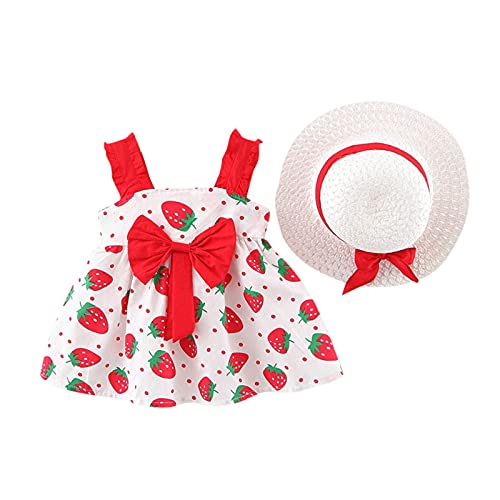 Gifts for One Year Old Girl Print Baby Clothes Princess Outfit Hat Girls Dress Suspenders Strawberry (Red, 18-24 Months)