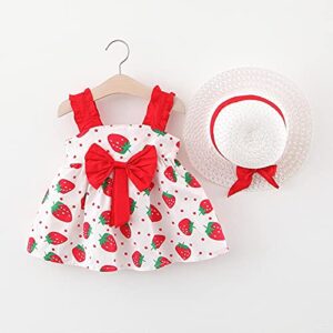 Gifts for One Year Old Girl Print Baby Clothes Princess Outfit Hat Girls Dress Suspenders Strawberry (Red, 18-24 Months)