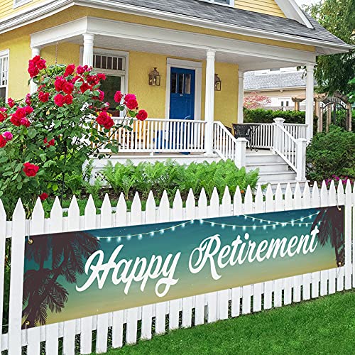 Large Happy Retirement Banner, Officially Retired Yard Sign Lawn Sign, Coconut Tree Retirement Party Outdoor Indoor Backdrop 9.8 x 1.6 Feet