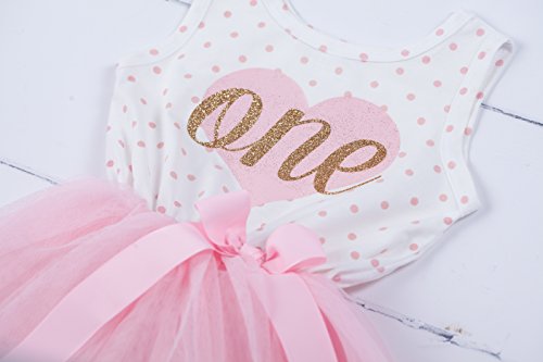 Grace & Lucille - Dress First Birthday | Pink Polka Dot Tutu Dress | Sleeveless Gold Sequin Heart Dress | 12-24 Months | 1T / 2T | Pink Polka Dot