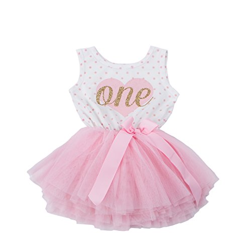 Grace & Lucille - Dress First Birthday | Pink Polka Dot Tutu Dress | Sleeveless Gold Sequin Heart Dress | 12-24 Months | 1T / 2T | Pink Polka Dot