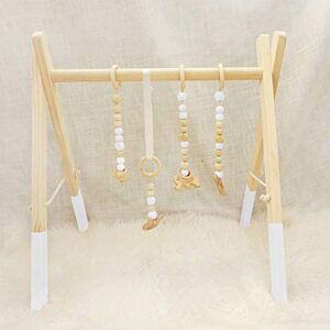 cynzia baby foldable wooden play gym with 4 theething gym toys frame activity gym natural hanging bar newborn gift baby girl and boy gym (white)