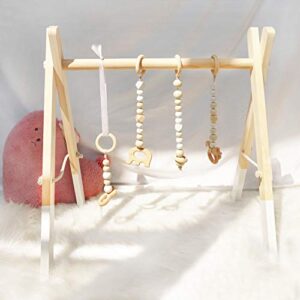 Cynzia Baby Foldable Wooden Play Gym with 4 Theething Gym Toys Frame Activity Gym Natural Hanging Bar Newborn Gift Baby Girl and Boy Gym (White)