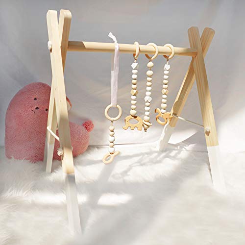 Cynzia Baby Foldable Wooden Play Gym with 4 Theething Gym Toys Frame Activity Gym Natural Hanging Bar Newborn Gift Baby Girl and Boy Gym (White)