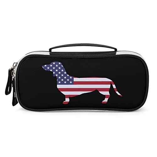 Patriotic Dachshund American Flag Printed Pencil Case Bag Stationery Pouch with Handle Portable Makeup Bag Desk Organizer