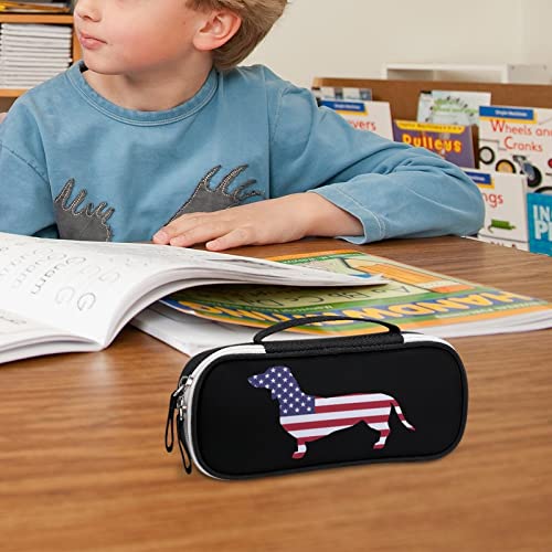 Patriotic Dachshund American Flag Printed Pencil Case Bag Stationery Pouch with Handle Portable Makeup Bag Desk Organizer