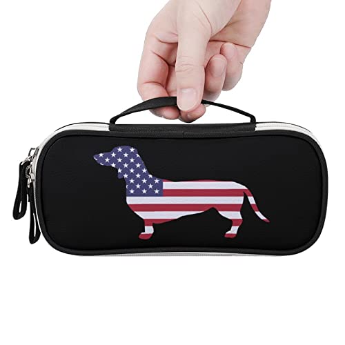 Patriotic Dachshund American Flag Printed Pencil Case Bag Stationery Pouch with Handle Portable Makeup Bag Desk Organizer