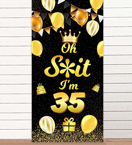 Oh S*it I’m 35 Happy 35th Birthday Banner Backdrop Crown Balloons Confetti Cheers to 35 Years Old Bday Theme Decorations Funny Birthday Decor for Women Men 35th Birthday Party Supplies Black and Gold