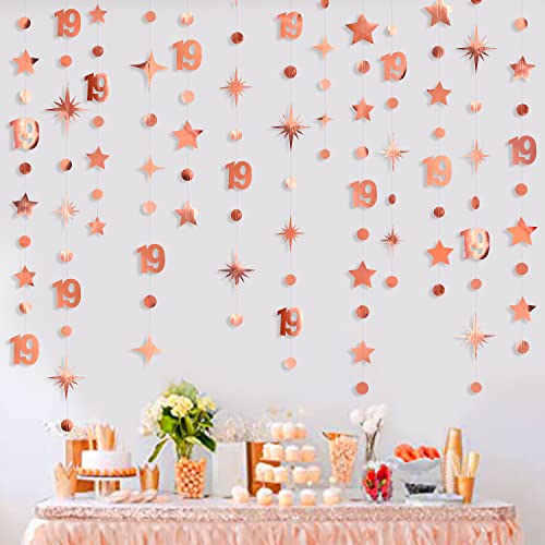 Rose Gold 19th Birthday Decorations Number 19 Circle Dot Star Garland Streamer Bunting Banner Backdrop for Girls Nineteen Year Old Birthday 19 and Fabulous Happy 19th Anniversary Party Supplies