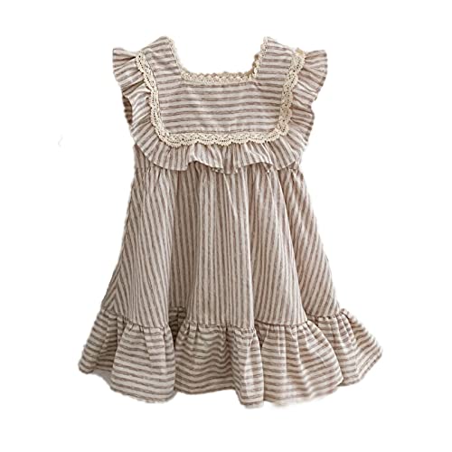 Ashmyova Toddler Girls Linen Summer Casual Dress Kids Vintage Ruffles Stripe Baby Rompers Dresses Kahhi Dress Size 6-7T