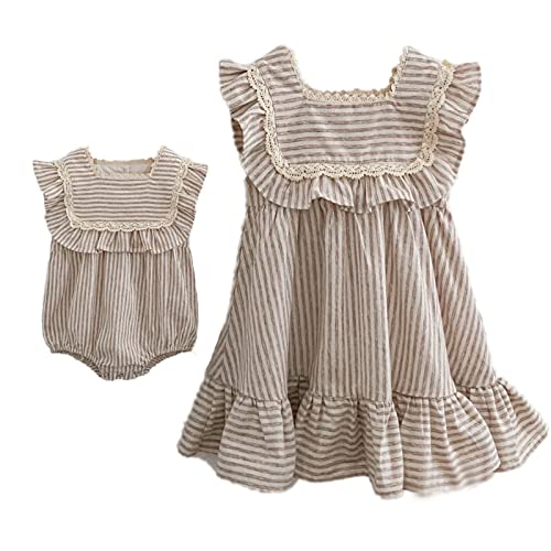 Ashmyova Toddler Girls Linen Summer Casual Dress Kids Vintage Ruffles Stripe Baby Rompers Dresses Kahhi Dress Size 6-7T