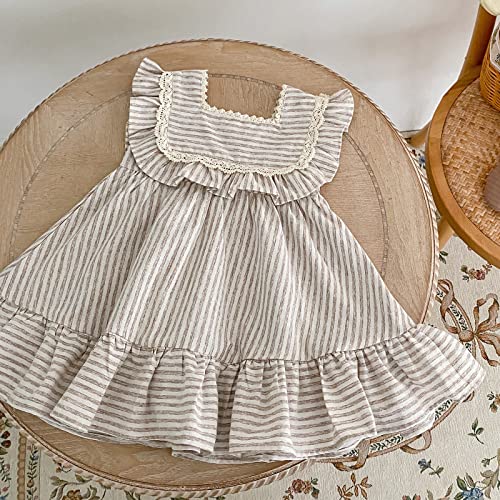 Ashmyova Toddler Girls Linen Summer Casual Dress Kids Vintage Ruffles Stripe Baby Rompers Dresses Kahhi Dress Size 6-7T