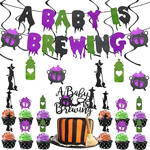 Aisosiks A Baby is Brewing Halloween Baby Shower Decorations with A Baby is Brewing Banner, Cake Topper, 24pcs Cupcake Toppers and Hanging Swirls for Halloween Baby Shower Party Decorations