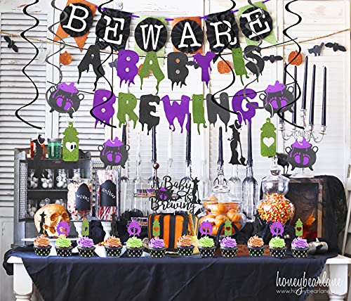 Aisosiks A Baby is Brewing Halloween Baby Shower Decorations with A Baby is Brewing Banner, Cake Topper, 24pcs Cupcake Toppers and Hanging Swirls for Halloween Baby Shower Party Decorations