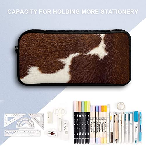 Real Brown And White Cow Hide Pencil Case Pen Bag Pencil Carrying Case Purse Organizer Pouch Makeup Storage Bag for Office/ College School