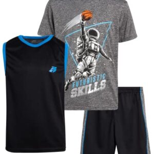 Pro Athlete Boys’ Active Shorts Set – 3 Piece Dry Fit T-Shirt, Tank Top, and Basketball Shorts (8-16), Size 14/16, Heather Grey/Future Skills