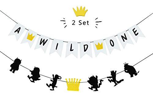 MOAXMOA Wild One Banner and Wild Things Banner Birthday Theme Party Supplies Baby Shower Photo Prop Decorations 17PCS Glitter Gold Silver and Black